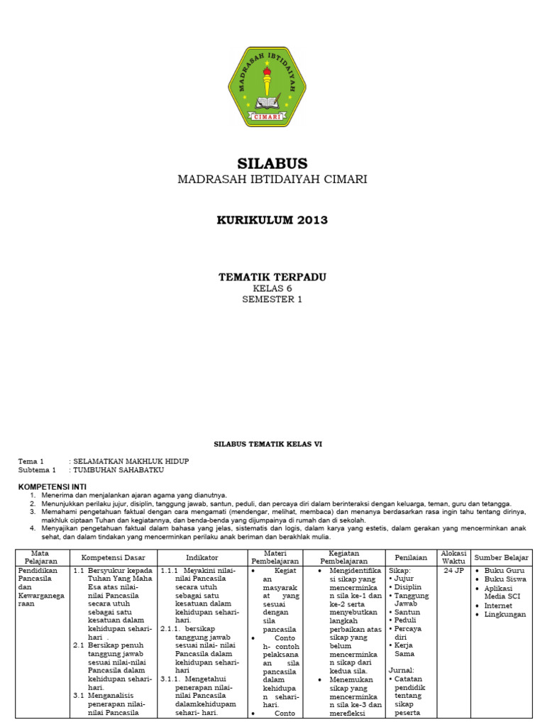 Silabus 8 Kolom 6a Tema 1 | PDF