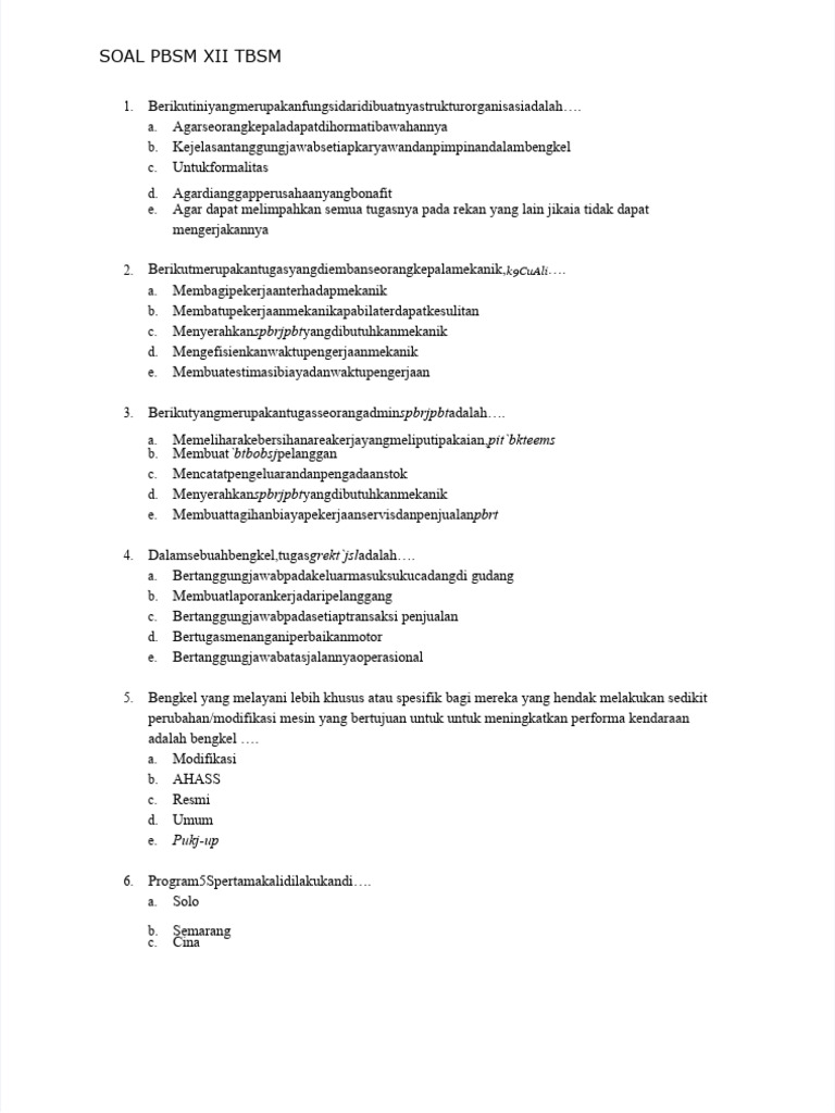 Soal PBSM Kelas Xii TBSM | PDF | Bisnis | Komputer