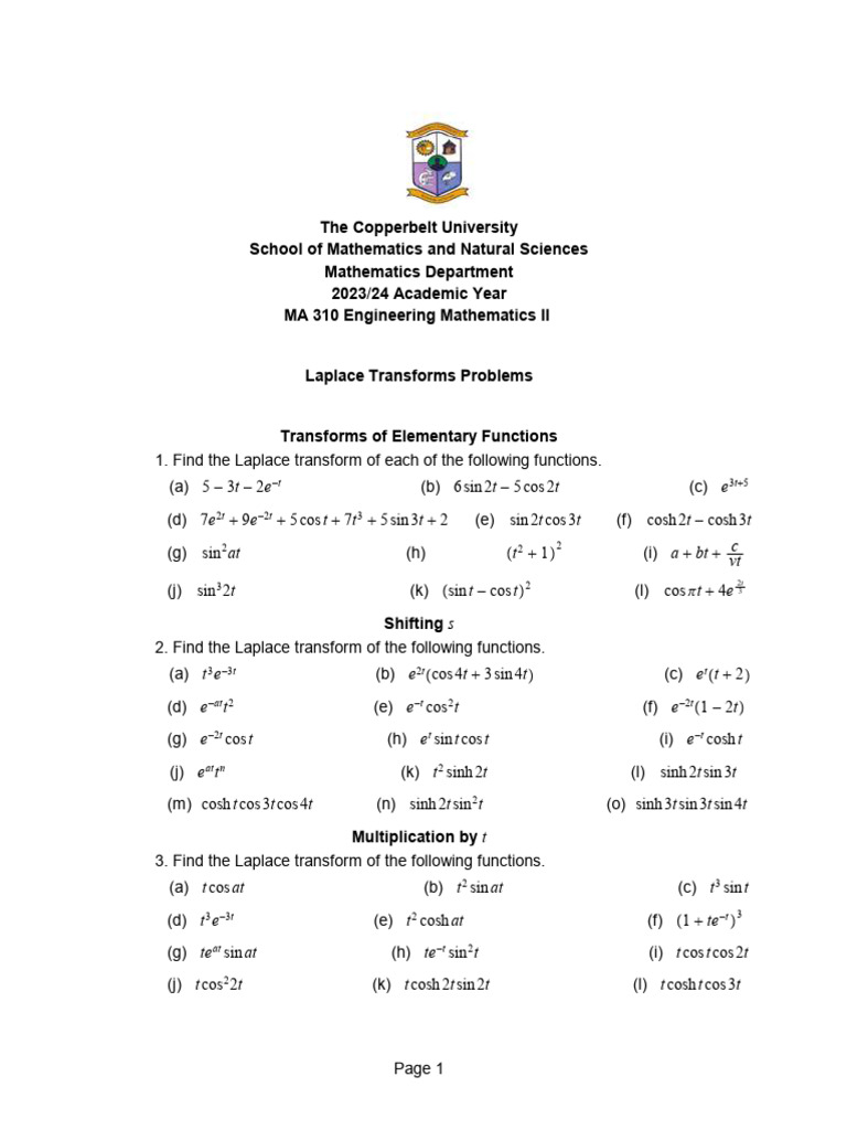 MA310 - Laplace Transforms Problems - Set 1 - 2023 - 24 | Download Free ...
