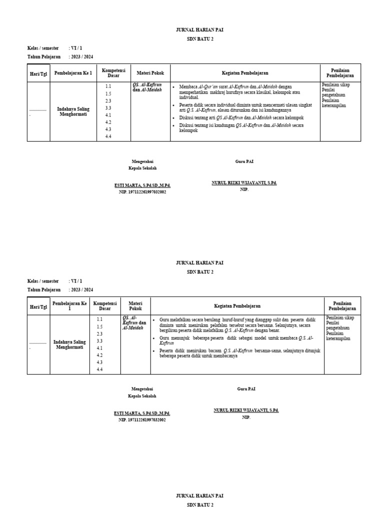 Jurnal Harian Pai Kelas 6 SMT 1 | PDF