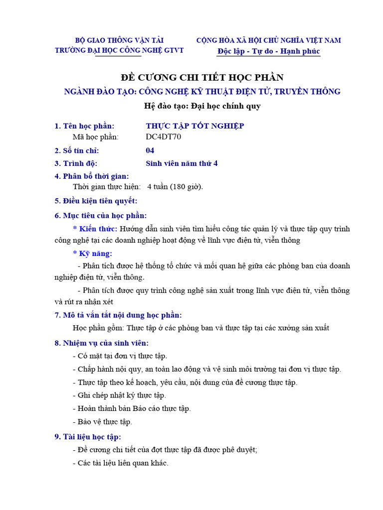 Ba7ca-Decuong Thuctap totnghiep-DTVT | PDF