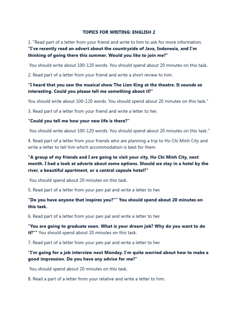 Topics For Writing E2 | PDF