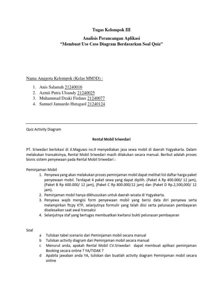 Tugas Kelompok III - Membuat Use Case Diagram Dari Soal Quiz | PDF