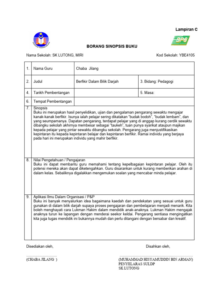 Borang Sinopsis Buku Splgkpm Buku 2 Pdf