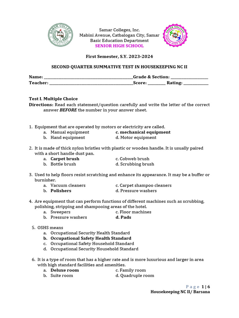 Housekeeping NC II Test | PDF | Housekeeping | Home