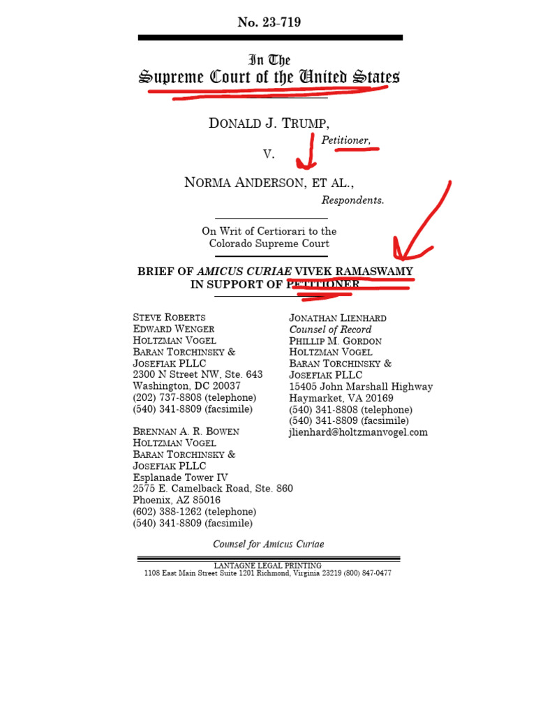 Vivek's Amicus Brief in Colorado Ballot Removal | PDF | Presidents Of ...