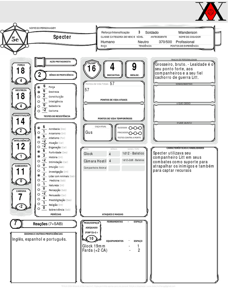 Hunter X Hunter 5e RPG - Ficha - Editavel - Especter | PDF