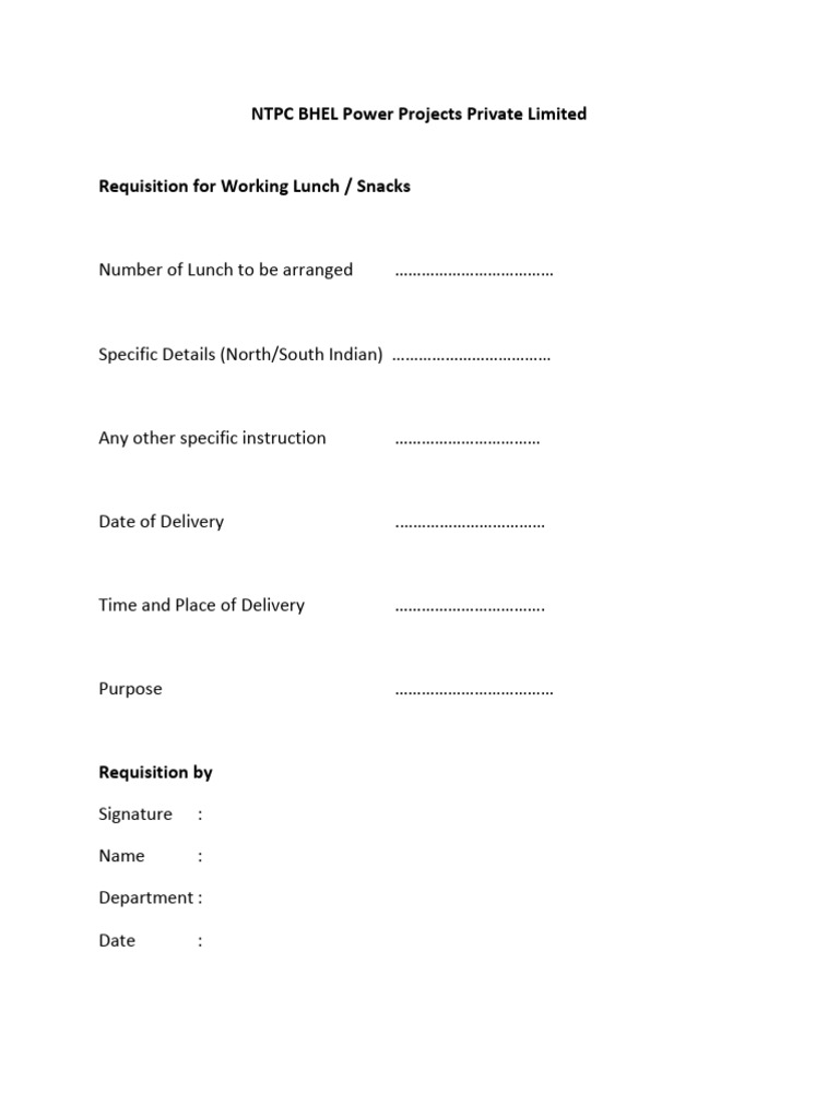 NTPC BHEL Lunch/Snacks Request Form | PDF