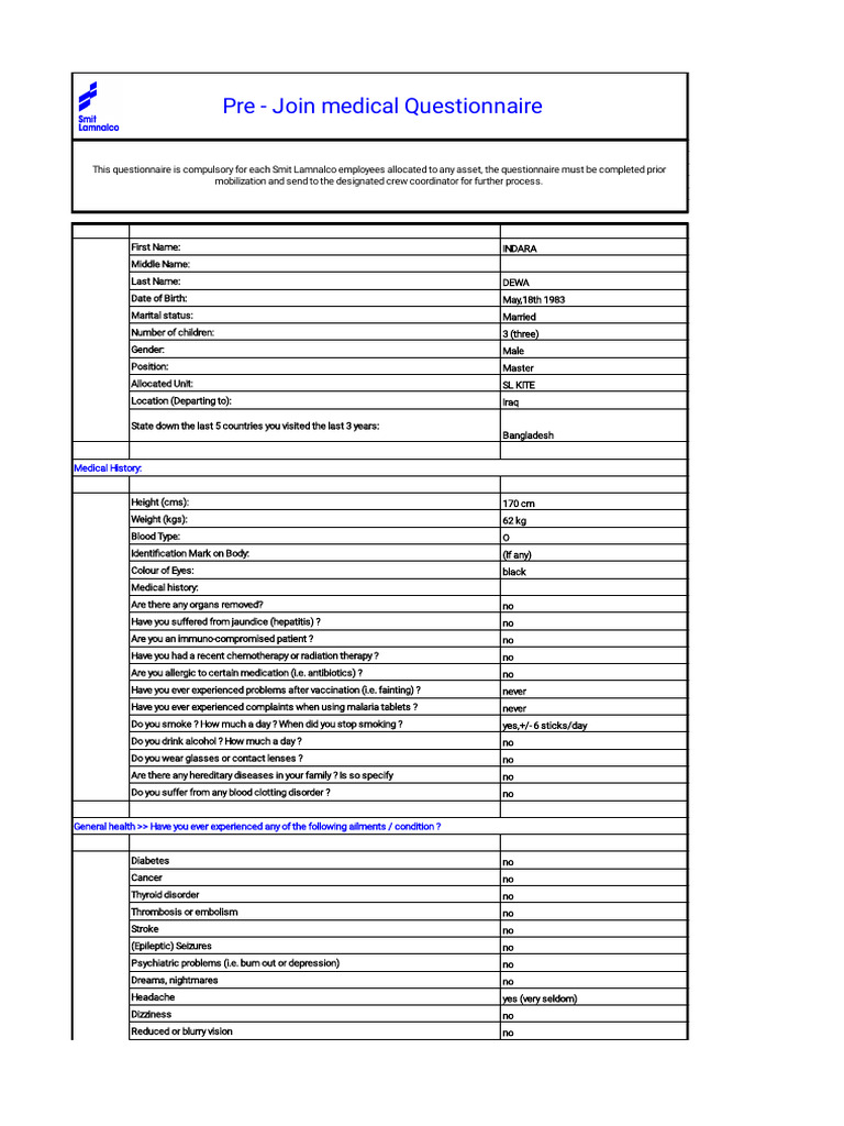 Pre Join Medical Questionnaire SLIMS Element 03 | PDF | Clinical Medicine | Diseases And Disorders