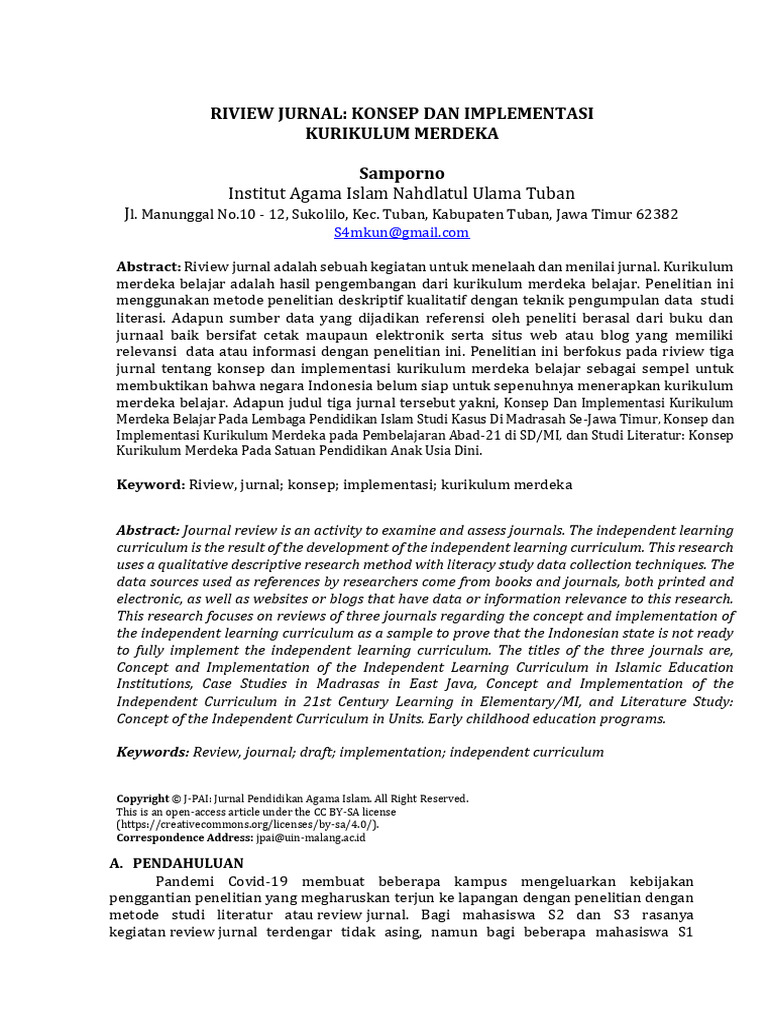 Riview Jurnal konsep dan implementasi kurikulum merdeka | PDF