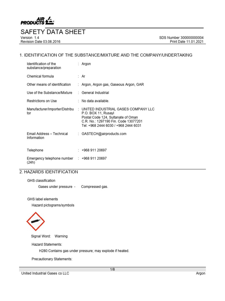 ARGON MSDS AP | PDF | Firefighting | Valve