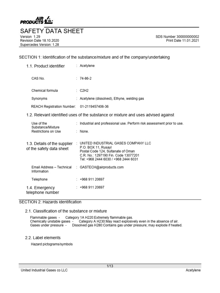 Acetylene Safety Data Sheet (SDS) | PDF | Technology & Engineering
