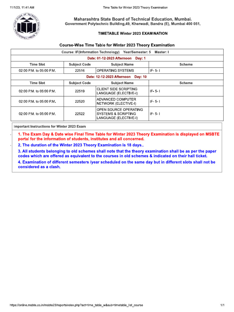 Exam Time Table | PDF