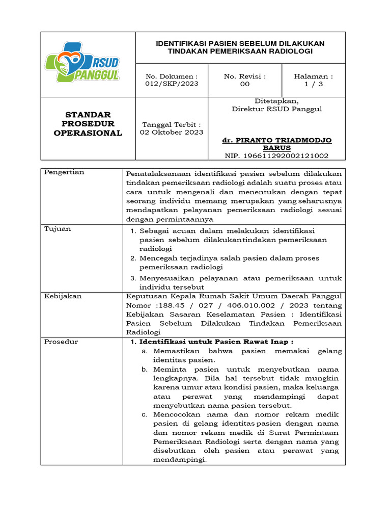 SPO Identifikasi Pasien Sebelum Dilakukan Tindakan Pemeriksaan ...