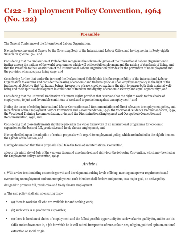 C122 - Employment Policy Convention, 1964 (No. 122) : Preamble | PDF | International Labour ...