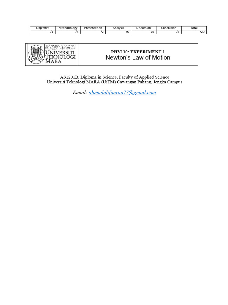 Newton's Law of Motion Experiment Report | PDF