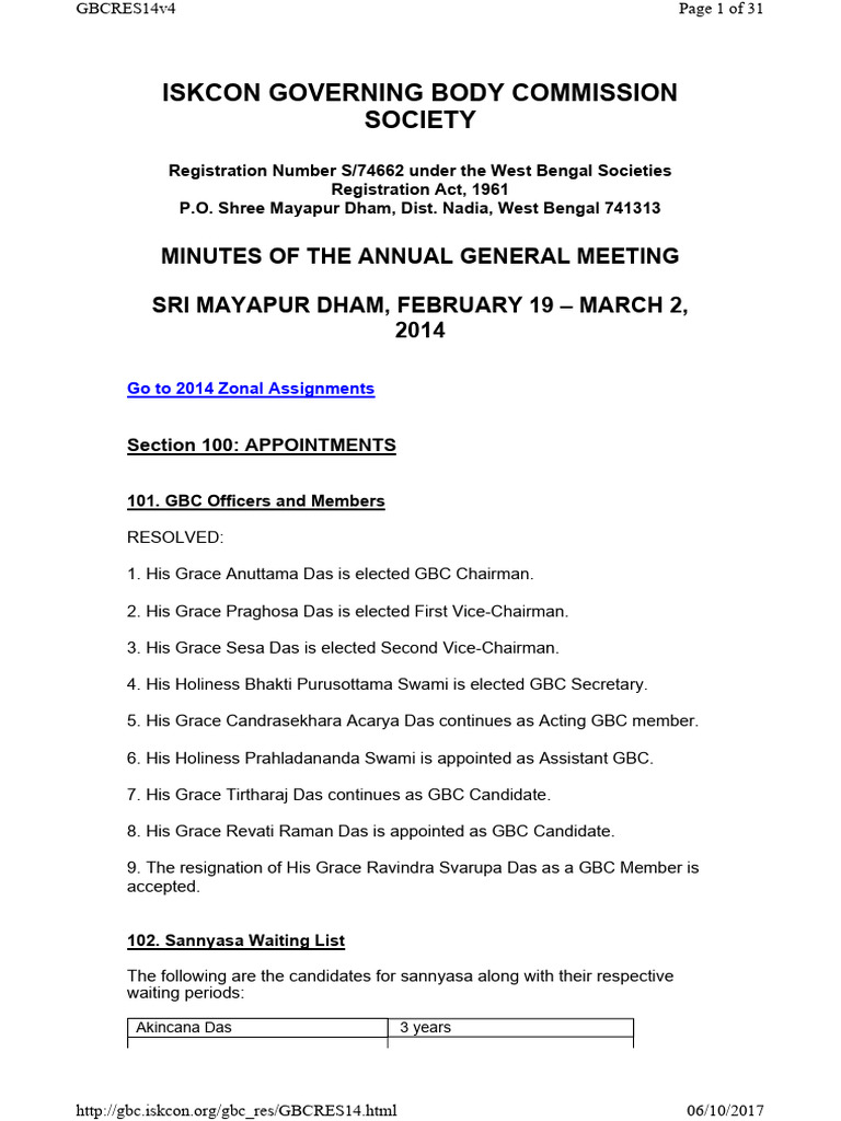 ISKCON GBC 2014 AGM Minutes | PDF