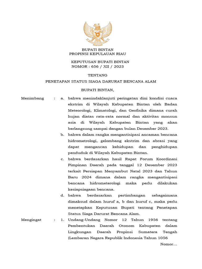 S K Penetapan Status Darurat Bencana Hidrometeorologi 2023 Pdf