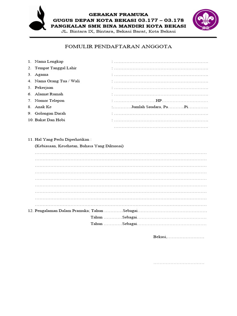 Formulir Pendaftaran Pramuka | PDF