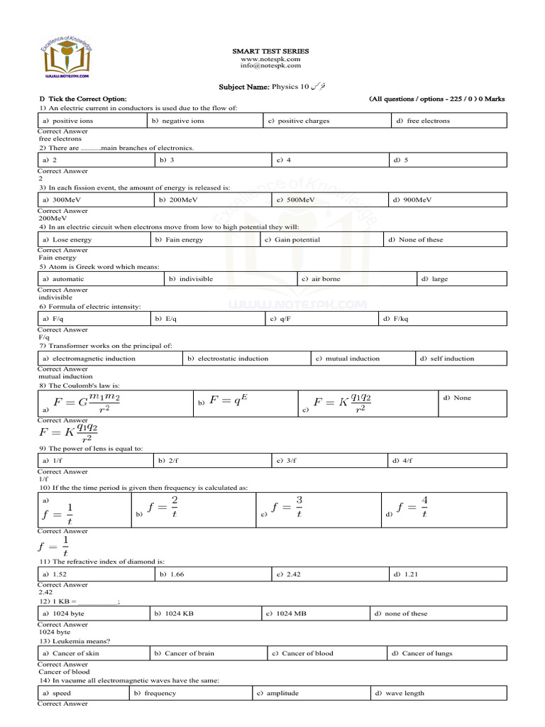 Class 10 Physics MCQs with Answers | PDF | Atomic Nucleus ...