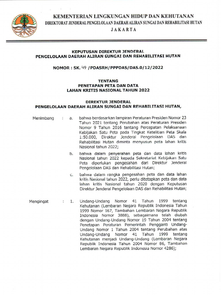 SK.49 - Pdasrh - 2022 (Penetapan Peta Dan Data Lahan Kritis Nasional 20220 | PDF
