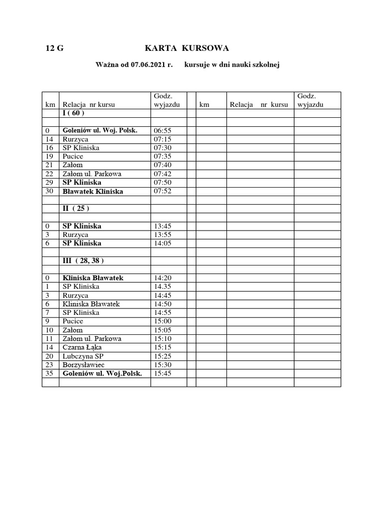 Karta Kursowa 12g I 13g Wazna Od 07062021 | PDF