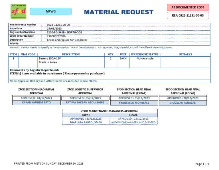 Material Request-210000262986 | PDF
