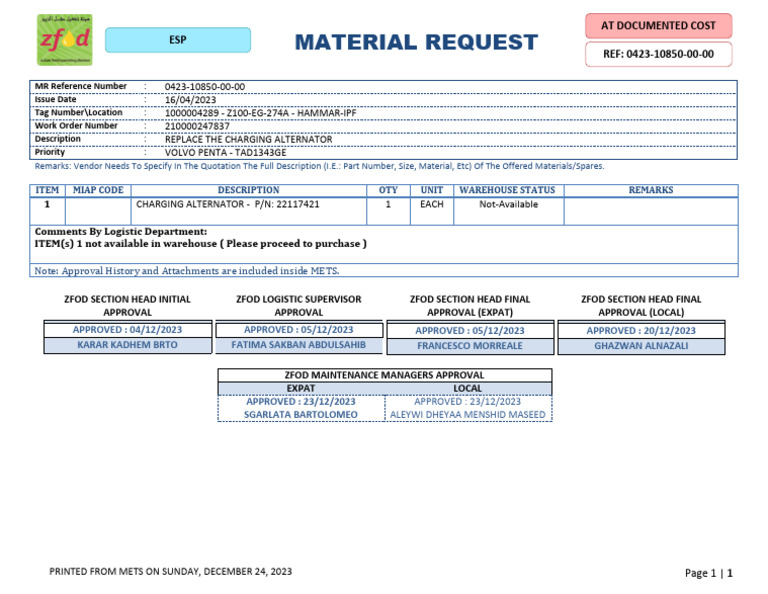 Material Request-210000247837 | PDF
