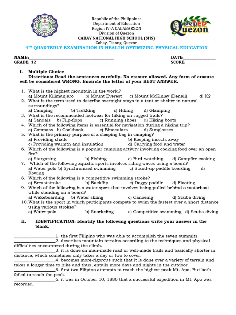 4TH QTR Summative Test Pe | PDF | Hiking | Underwater Diving