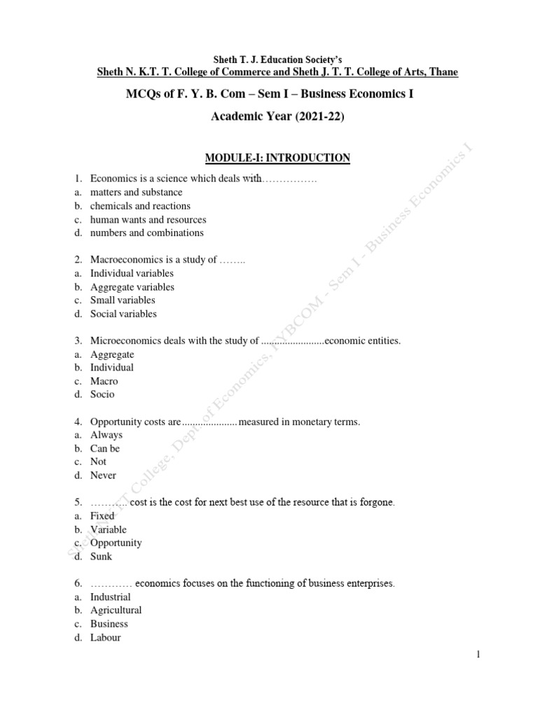 MCQs - FYBCom Sem I - Business Economics I - 2021-22 | PDF | Demand | Supply (Economics)