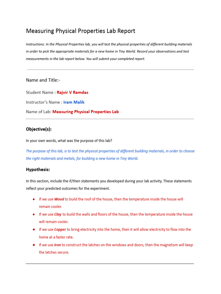 Science - 01.05 - Measuring Physical Properties Lab Report - Assessment ...