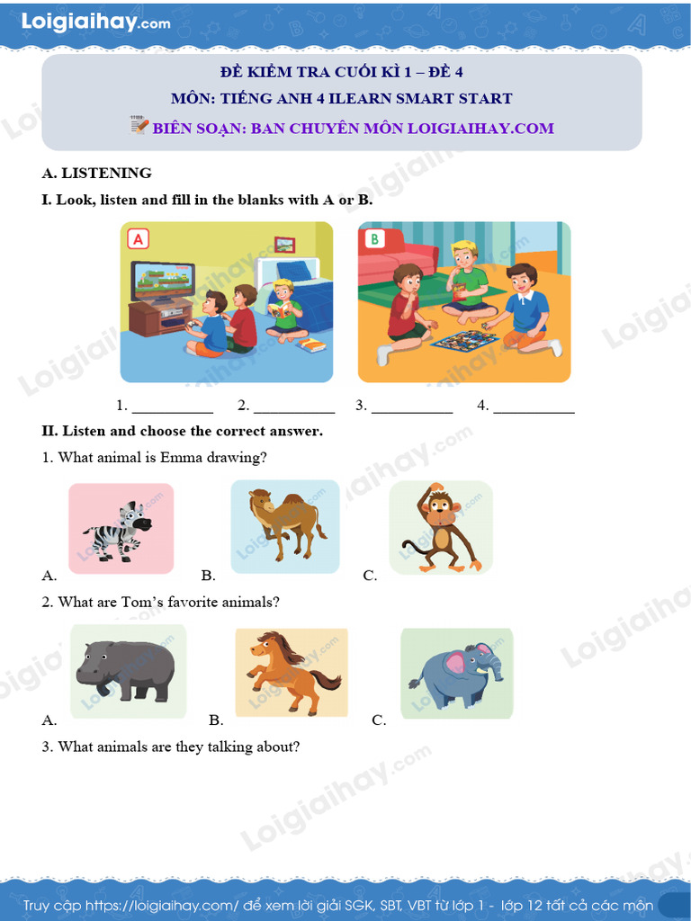 De Thi Hoc Ki 1 Tieng Anh 4 Ilearn Smart Start de So 4 1701676938 | PDF