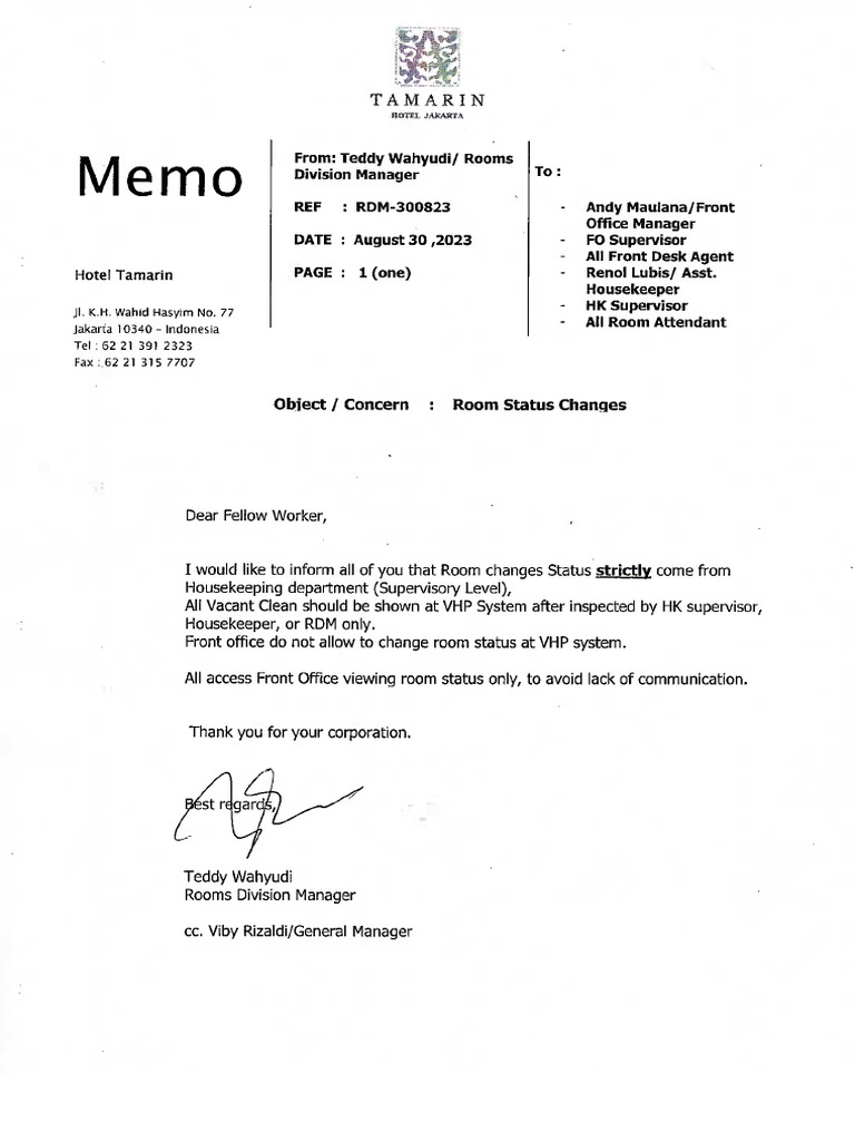 Memo Room Change Status007 | PDF