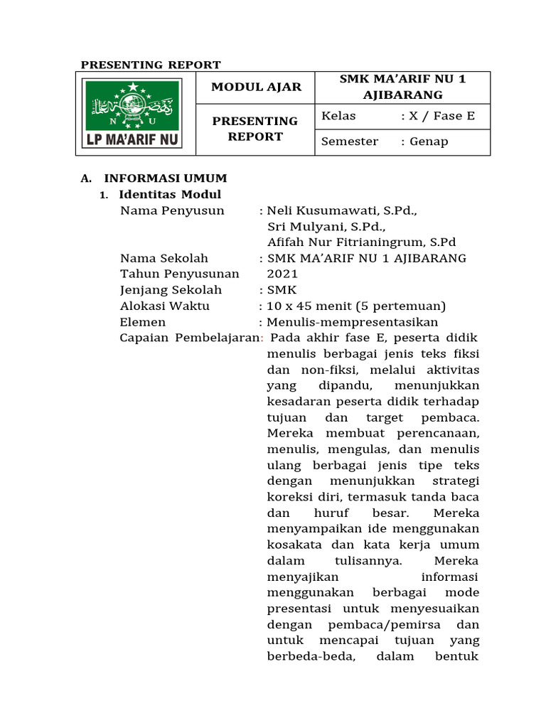 Modul Ajar Presenting Report New | PDF