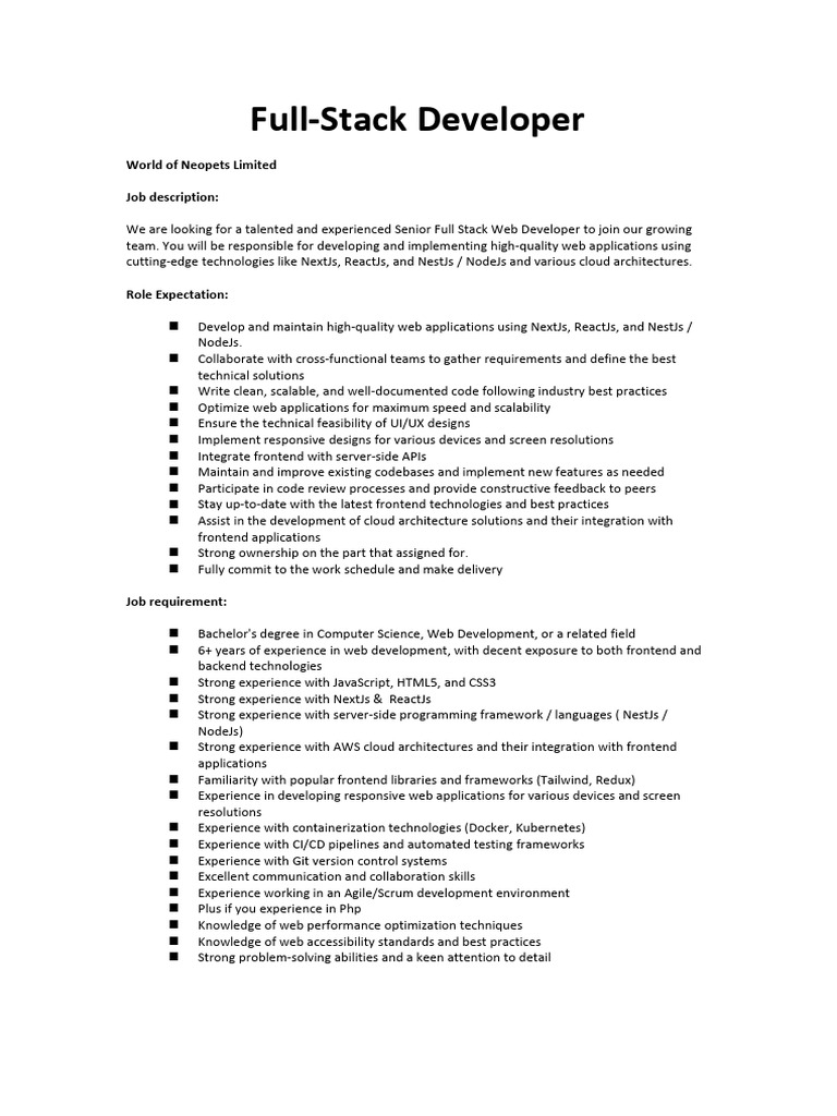JD of Full-Stack Developer | PDF | Cloud Computing | World Wide Web