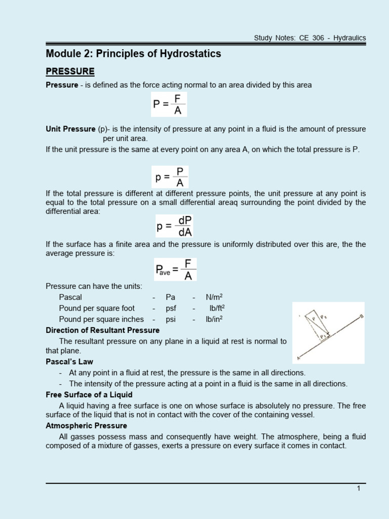 002 Hydraulics Module 2 - Principles of Hydrostatics | PDF | Pressure | Pressure Measurement