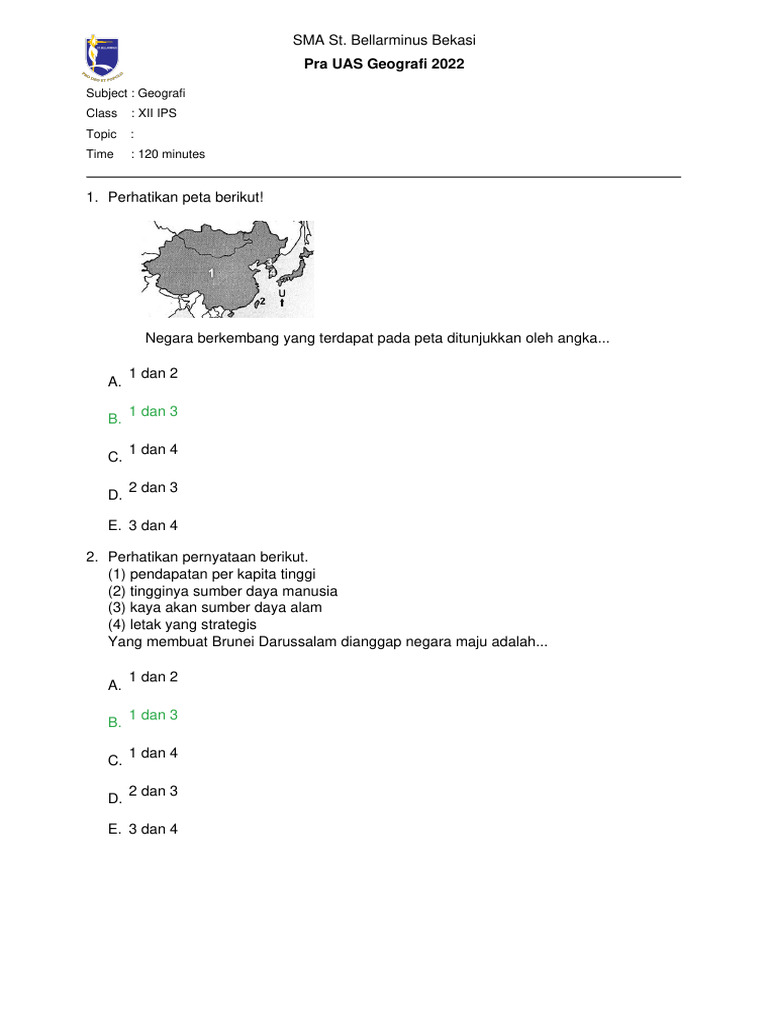Soal Geografi Pra UAS SMA St. Bellarminus | PDF | Sains & Matematika