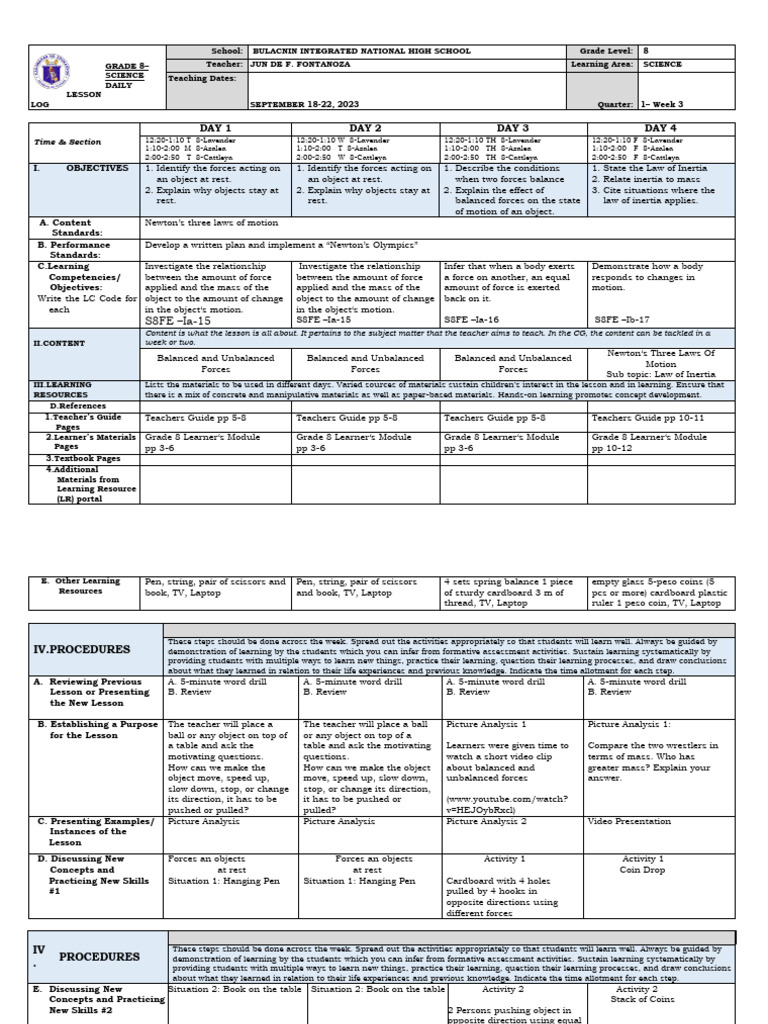 Science 8 DLL Q1 Week 3 | PDF | Force | Learning