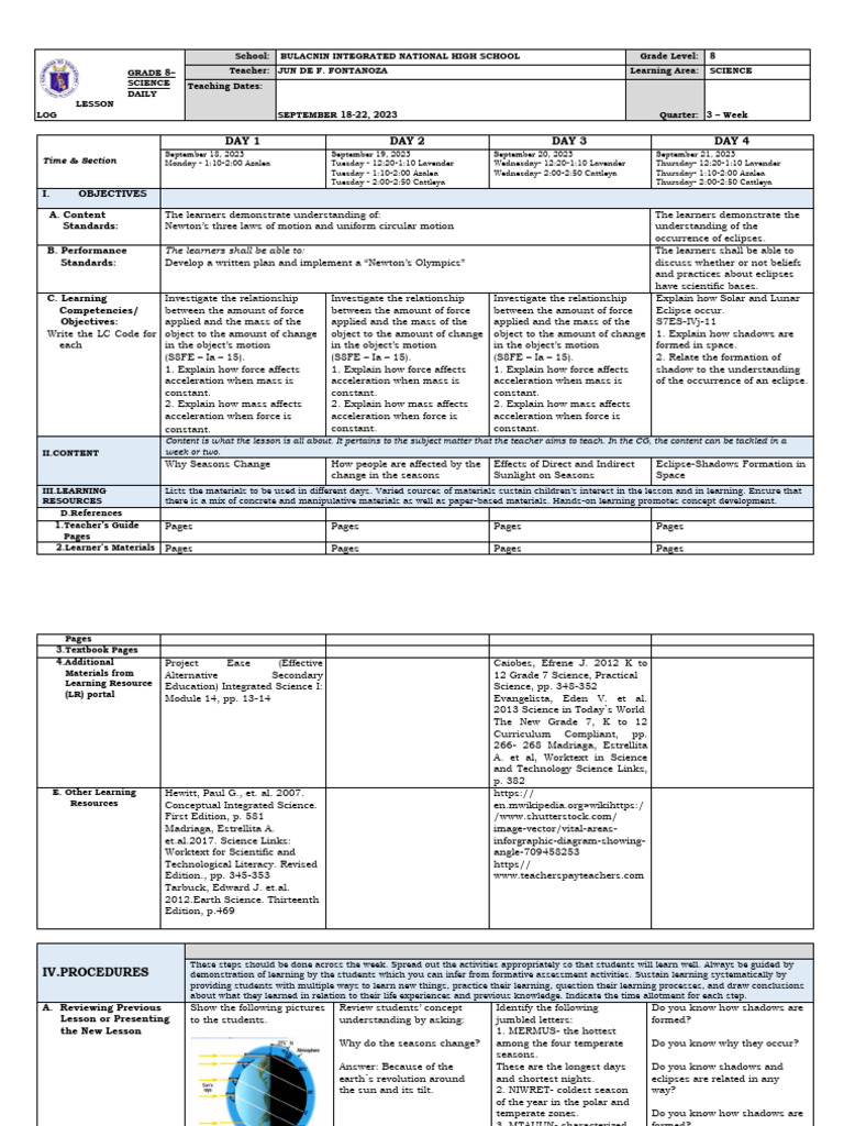 SCIENCE 8 DLL Q1 WEEK1 | PDF | Shadow | Night