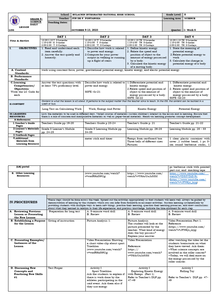 Science 8 DLL Q1 Week 6 | PDF | Learning | Potential Energy