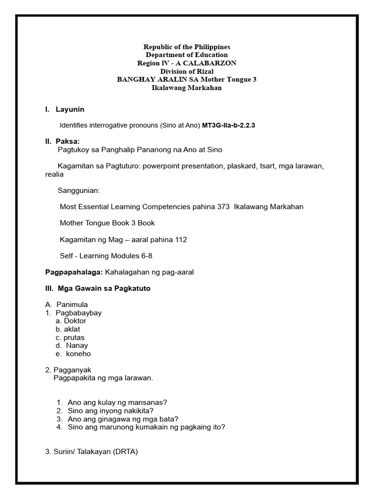 COT 1 MTB Panghalip Na Ano at Sino | PDF