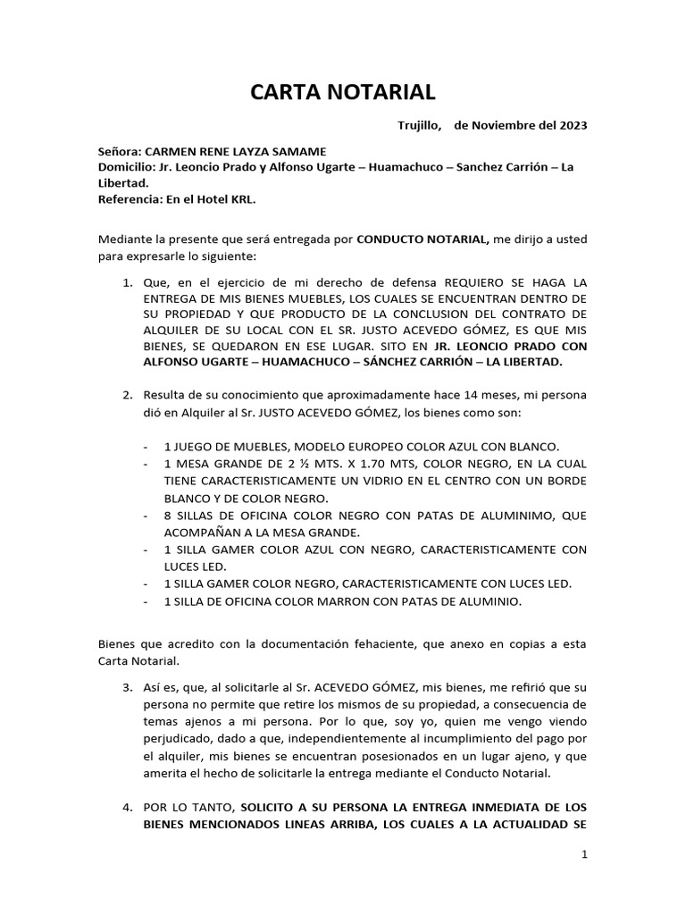 Carta Notarial de Entrega de Bien Mueble | PDF