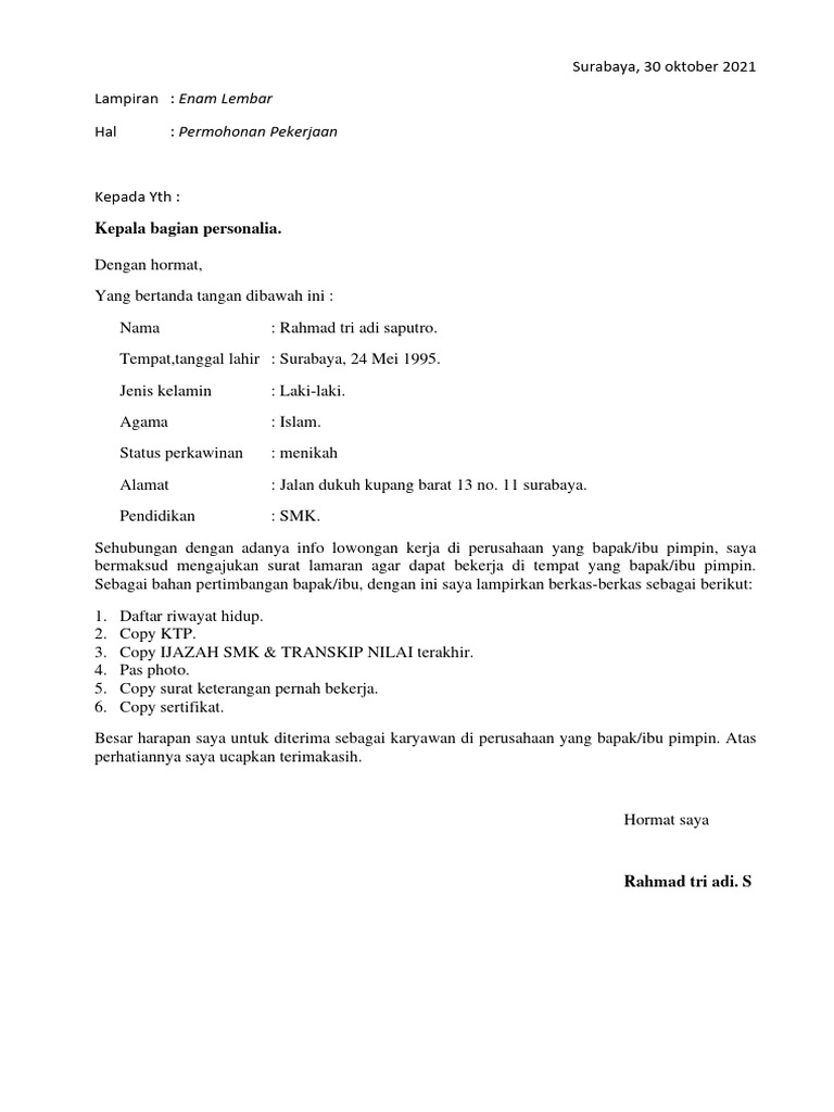 Surat Permohonan Pekerjaan - 1 | PDF