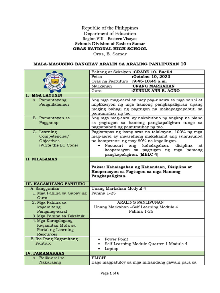 7 E's Lesson Plan 2023 Zendle Kahalagahan NG Kahandaan, Disiplina, at ...