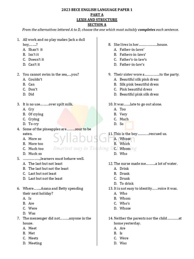 2023 Bece English Lang Paper 1 | PDF