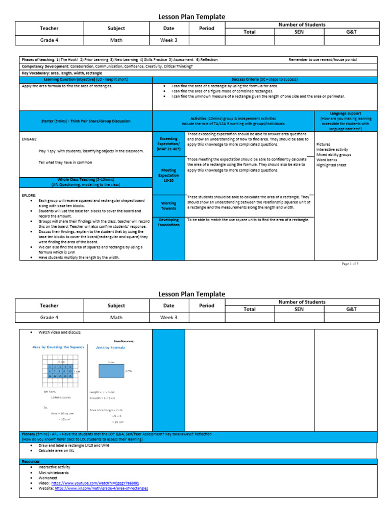Week 3 Lesson 1 | PDF | Area | Lesson Plan