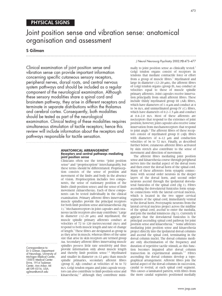 Joint Position Sense and Vibration Sense: Anatomical Organisation and ...