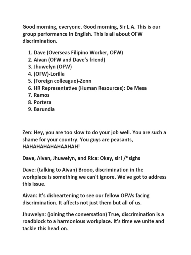 English Script Ofw Discrimination | PDF | Social Psychology | Human Communication