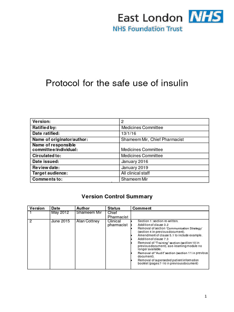 Protocol For The Safe Use of Insulin v2 0 January 2016 | PDF ...