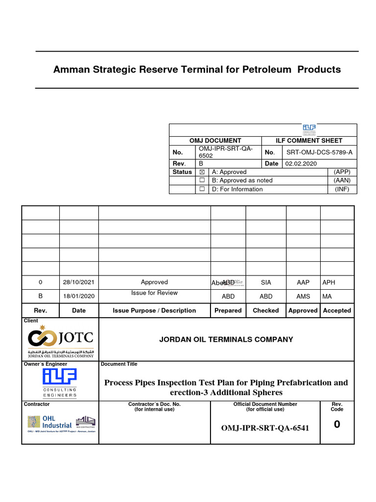 Process Pipes Inspection Test Plan For Piping Prefabrication and ...